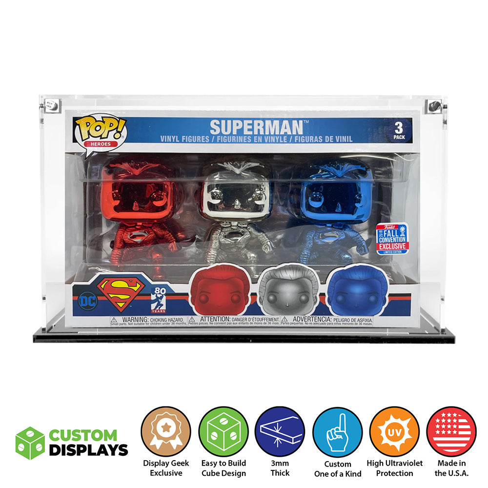 3 PACK SUPERMAN - 3mm thick Custom Acrylic Display Case for Funko Pop ...